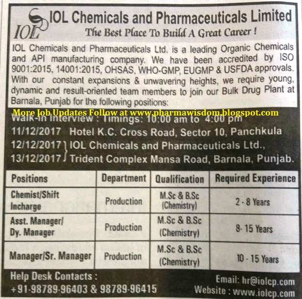 PHARMA WISDOM: IOL Chemicals & Pharmaceuticals Ltd - Walk-In Interviews ... PHARMA WISDOM: IOL Chemicals & Pharmaceuticals Ltd - Walk-In Interviews ...