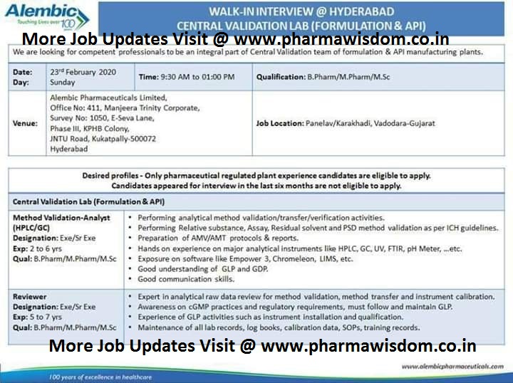 Alembic Pharma - Walk-In Interview @ Hyderabad on 23rd Feb' 2020 ...