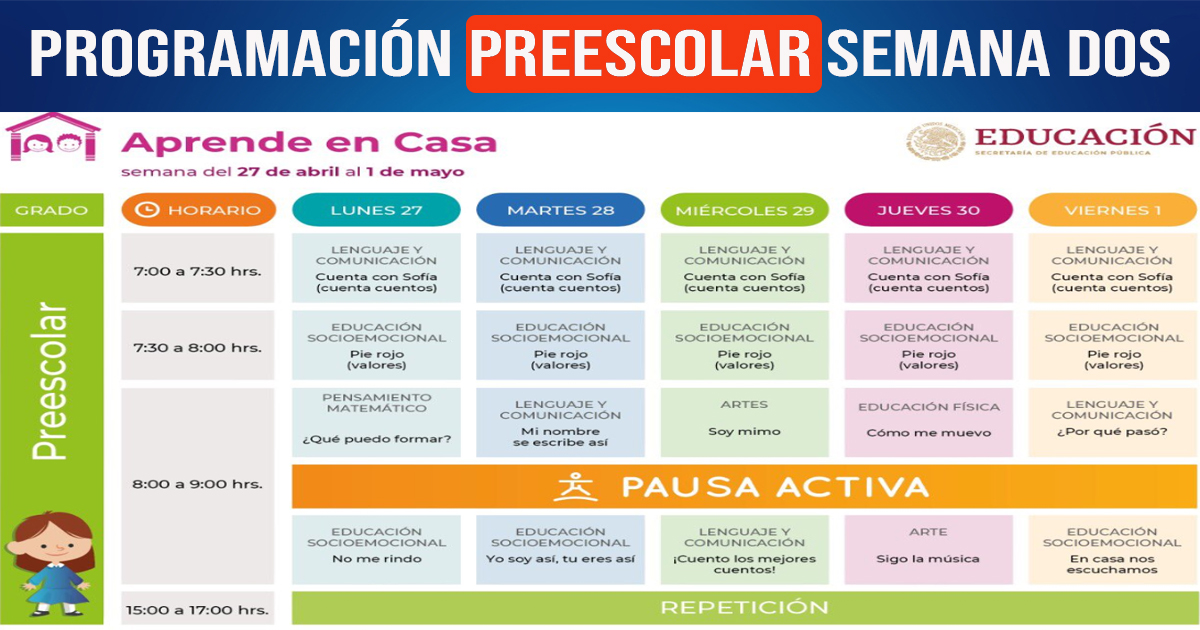 Preescolar: programación de aprende en casa semana 02 abril 27 a 01 de ...