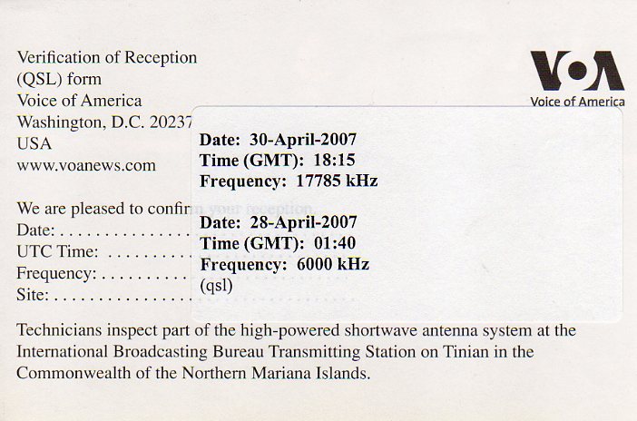 DXways-br: QSL-card (2007): 6000 kHz Voice of America, Greenville ...