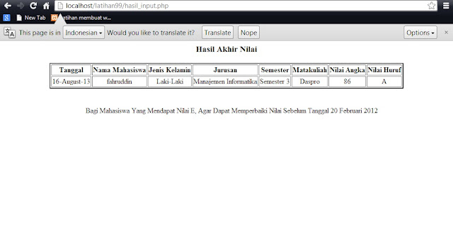 Belajar Dasar Pemrograman Komputer : input nilai mahasiswa menggunakan php