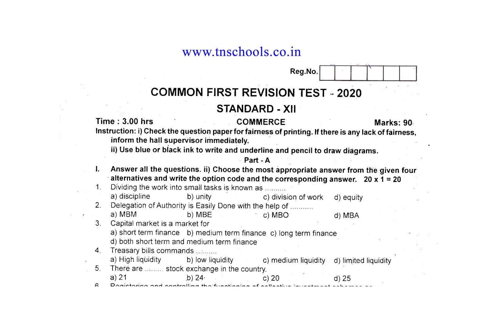 12th Std Commerce First Revision Test Question Paper (English Medium ...