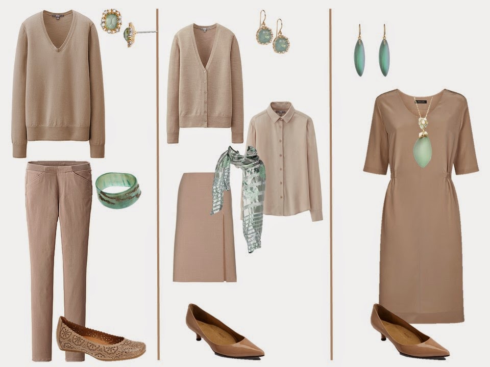 Beige Outfits with Accessories in Celadon Green, Brown and Light Blue ...