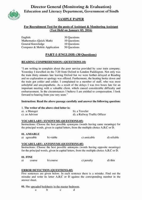 KNOWLEDGE FOR ALL: SAMPLE PAPERS OF MONITORING ASSISTANT TEST ...