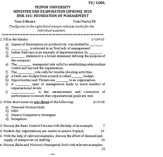 TEZPUR UNIVERSITY (TU/CODL) SEMESTER END DHR 101: FOUNDATION OF ...