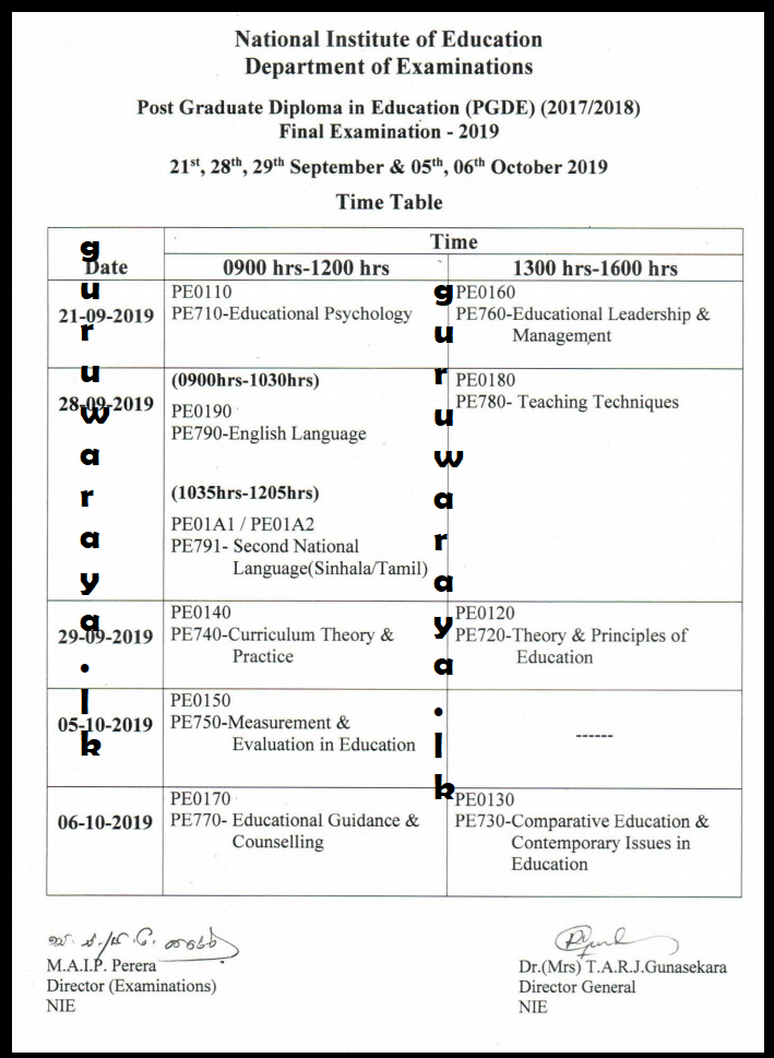 Exam Time Table : PGDE Final Exam - NIE - Teacher