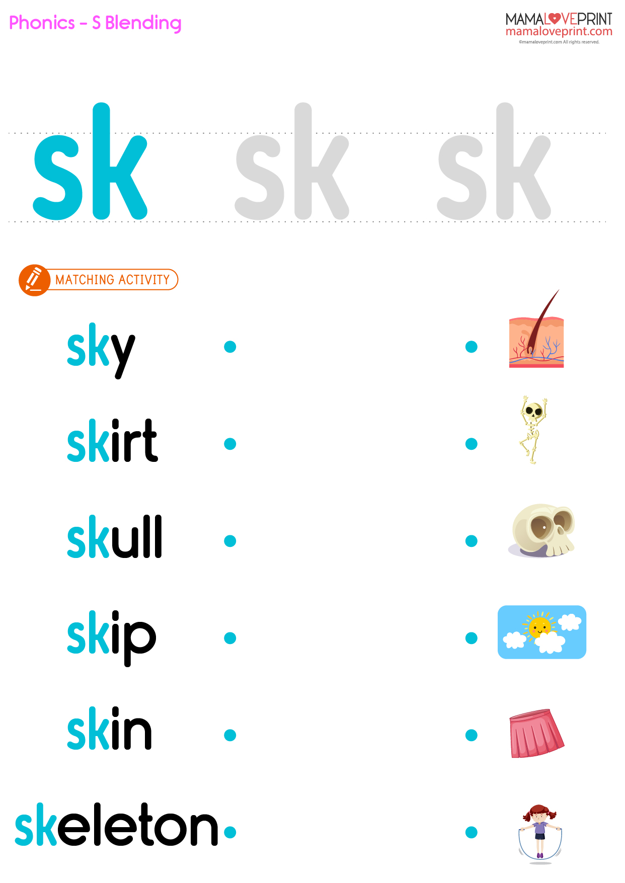 MamaLovePrint 自製工作紙 - Phonics Resources 英文拼音練習 S-Blend (sc , sk , sl ...