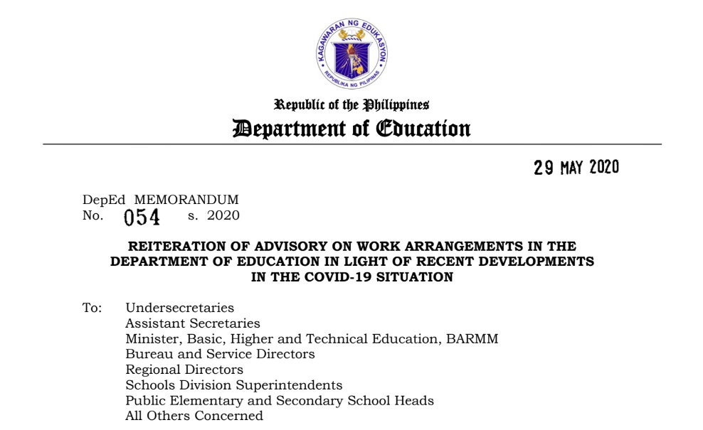Reiteration of Advisory on Work Arrangements in DepED - Deped Tambayan