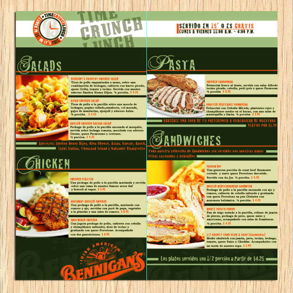 Menú Time Crunch Lunch, Bennigan´s - Walter Latté - Creatividad & Comunicación