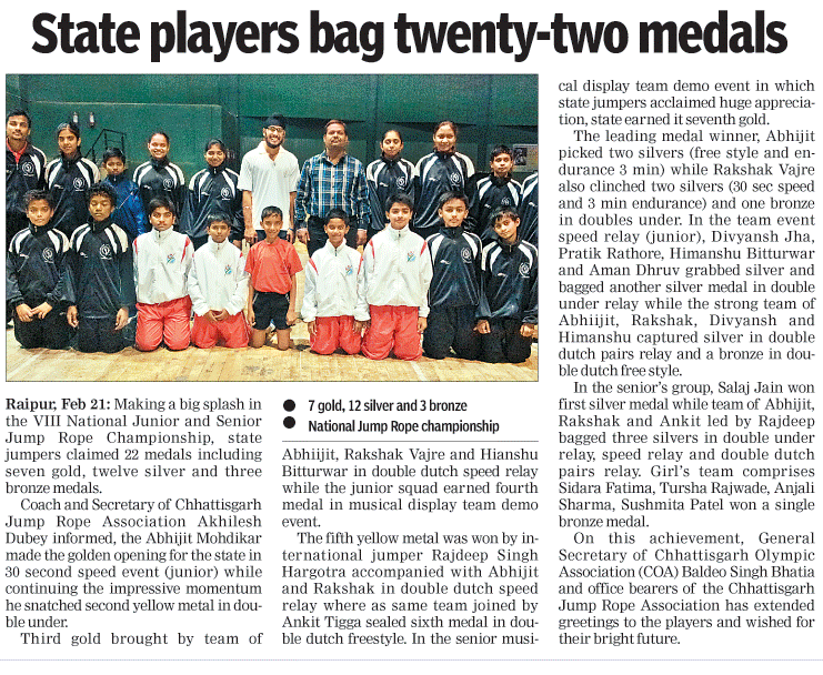 JUMP ROPE ASSOCIATION CHHATTISGARH: Team Chhattisgarh bag 22 Medals in ...
