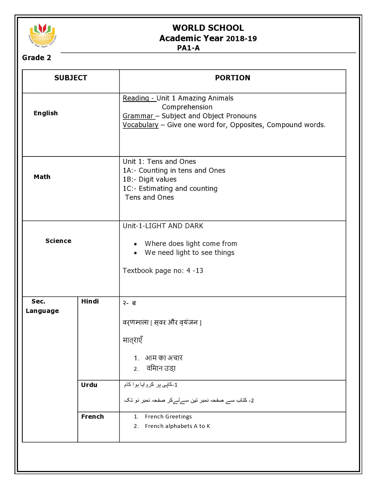 Birla World School Oman: PA1(October) - Syllabus for Grade 2