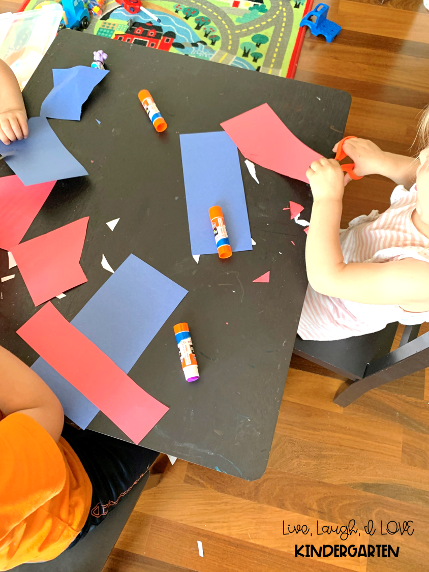 We started with a piece of blue and red paper. I let them cut their ...