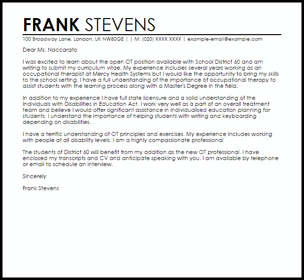 Occupational Therapy Cover Letter ~ Resume Letter