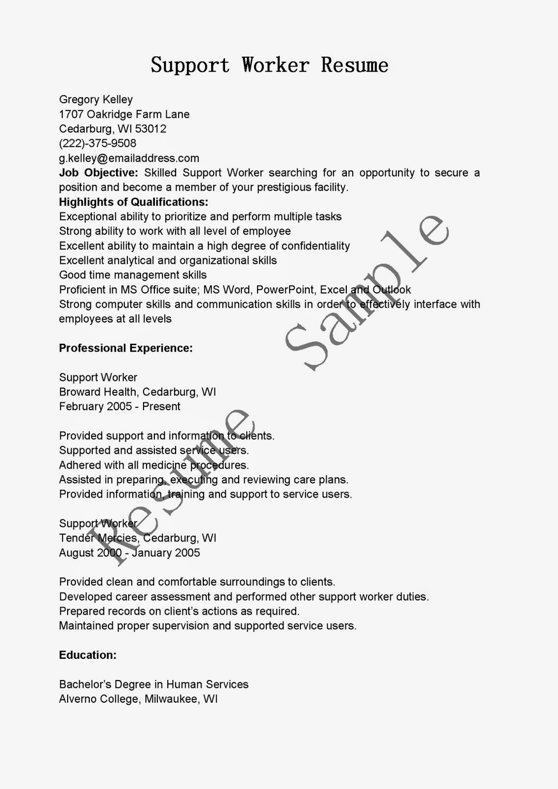 Resume Samples: Support Worker Resume Sample
