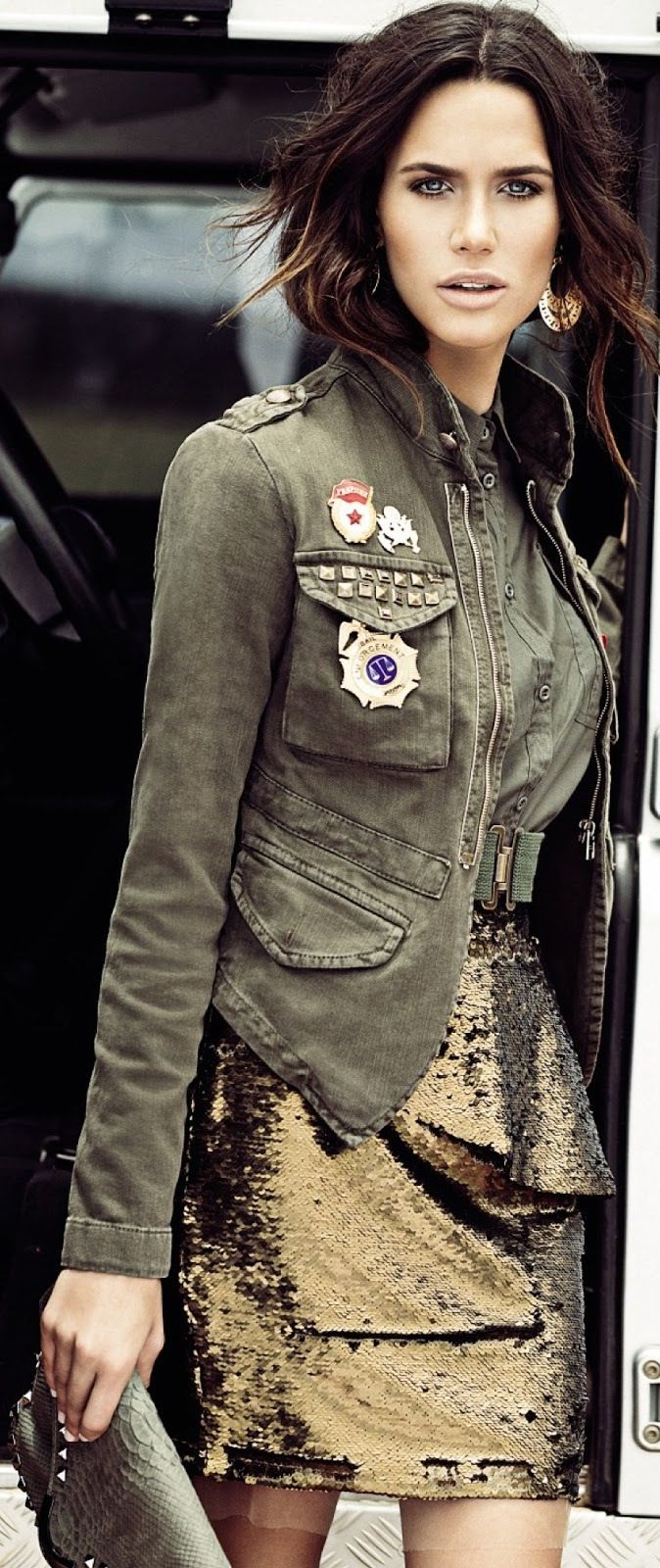Street style military jacket and glittering skirt | Luvtolook | Virtual ...