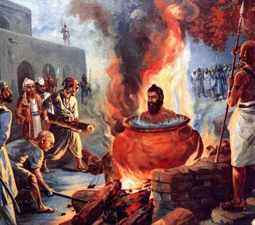 Bhai Dyala Ji being boiled in a cauldron. - Sikhism History