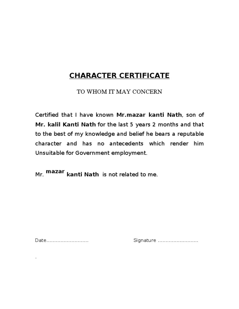 Character Certificate Format By Gazetted Officer For Admission ...