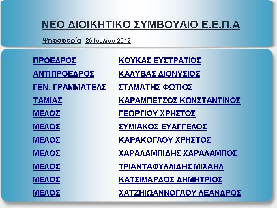 EΚΤΕΛΩΝΙΣΤΙΚΗ ΣΥΣΠΕΙΡΩΣΗ: Ε.Ε.Π.Α Νέο Προεδρείο