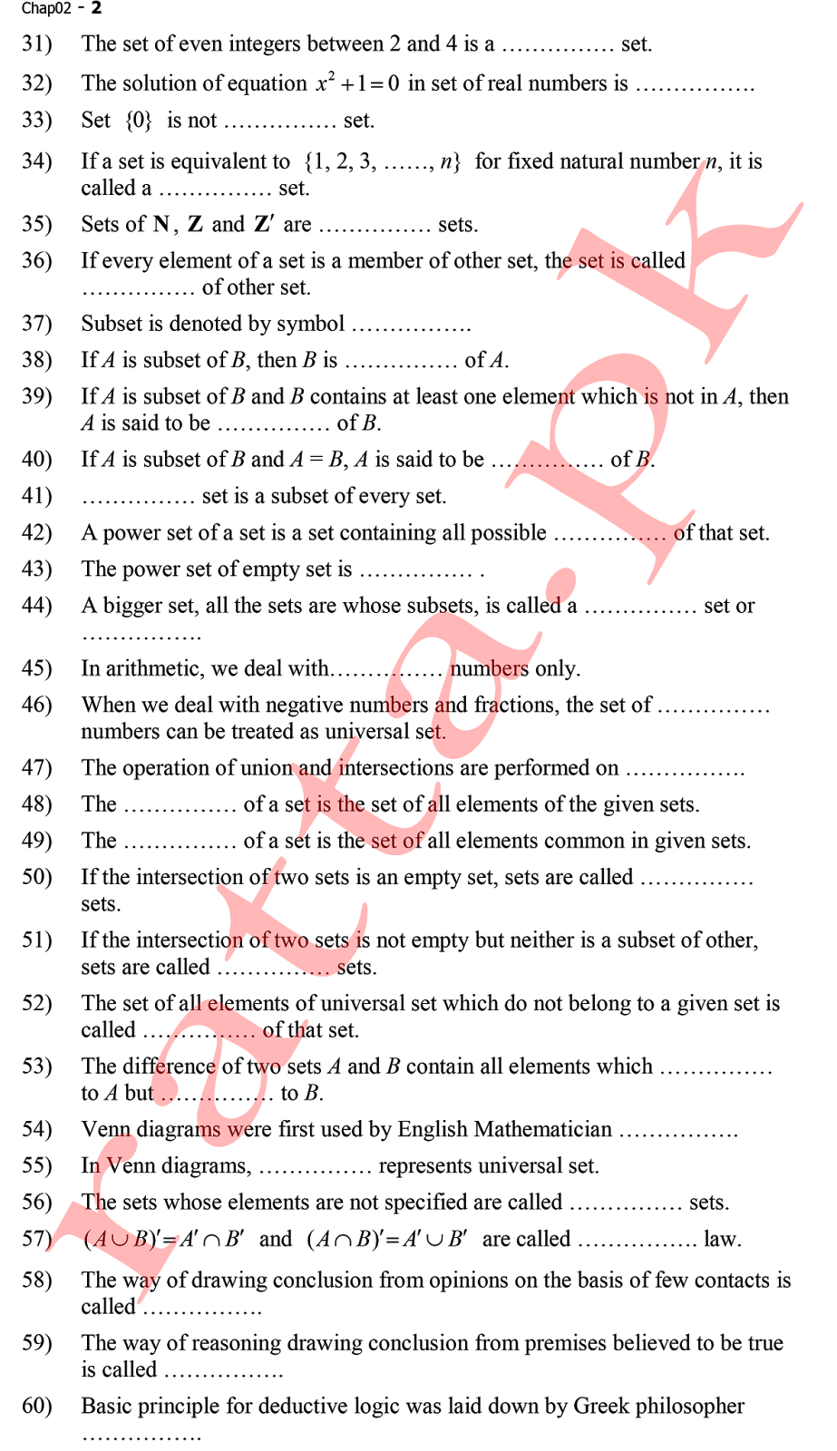 FSc/ICS 1st Year Maths Chapter 2 Sets, Functions & Groups Objective ...