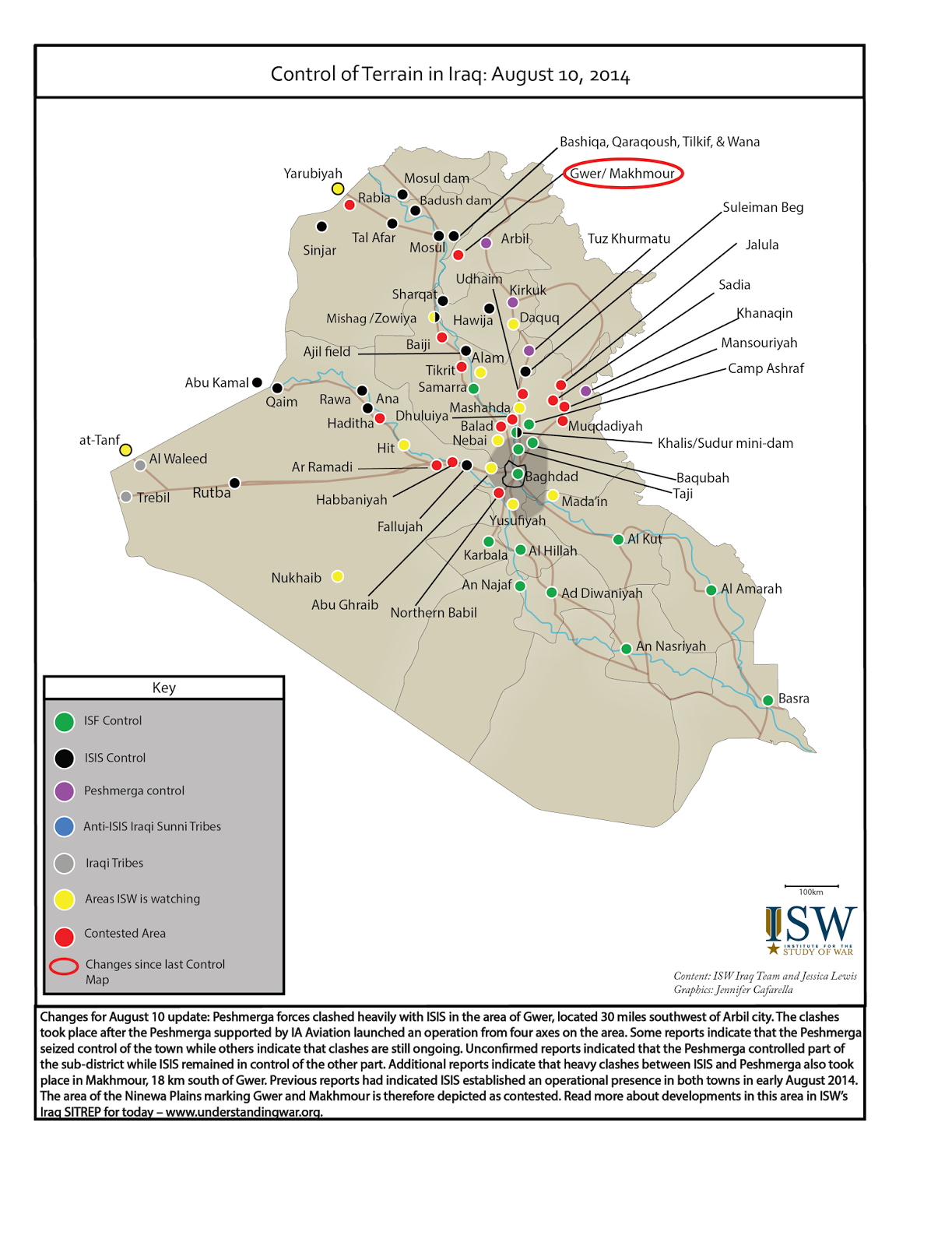 Map: Control of terrain in Iraq as of August 10, 2014 from the ...