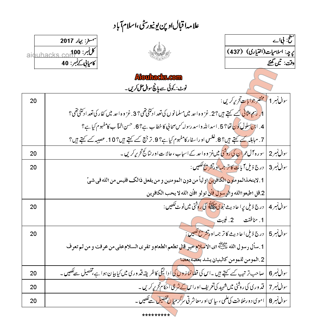 Aiou Ba 437 Islamiat Optioinal Past Papers اسلامیات اختیاری Autumn Spring