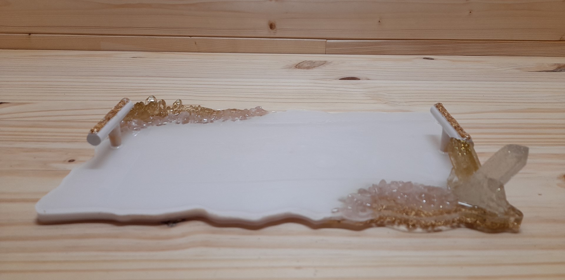 Plateau "Glaçon", pierres semi précieuses Quartz Rose.