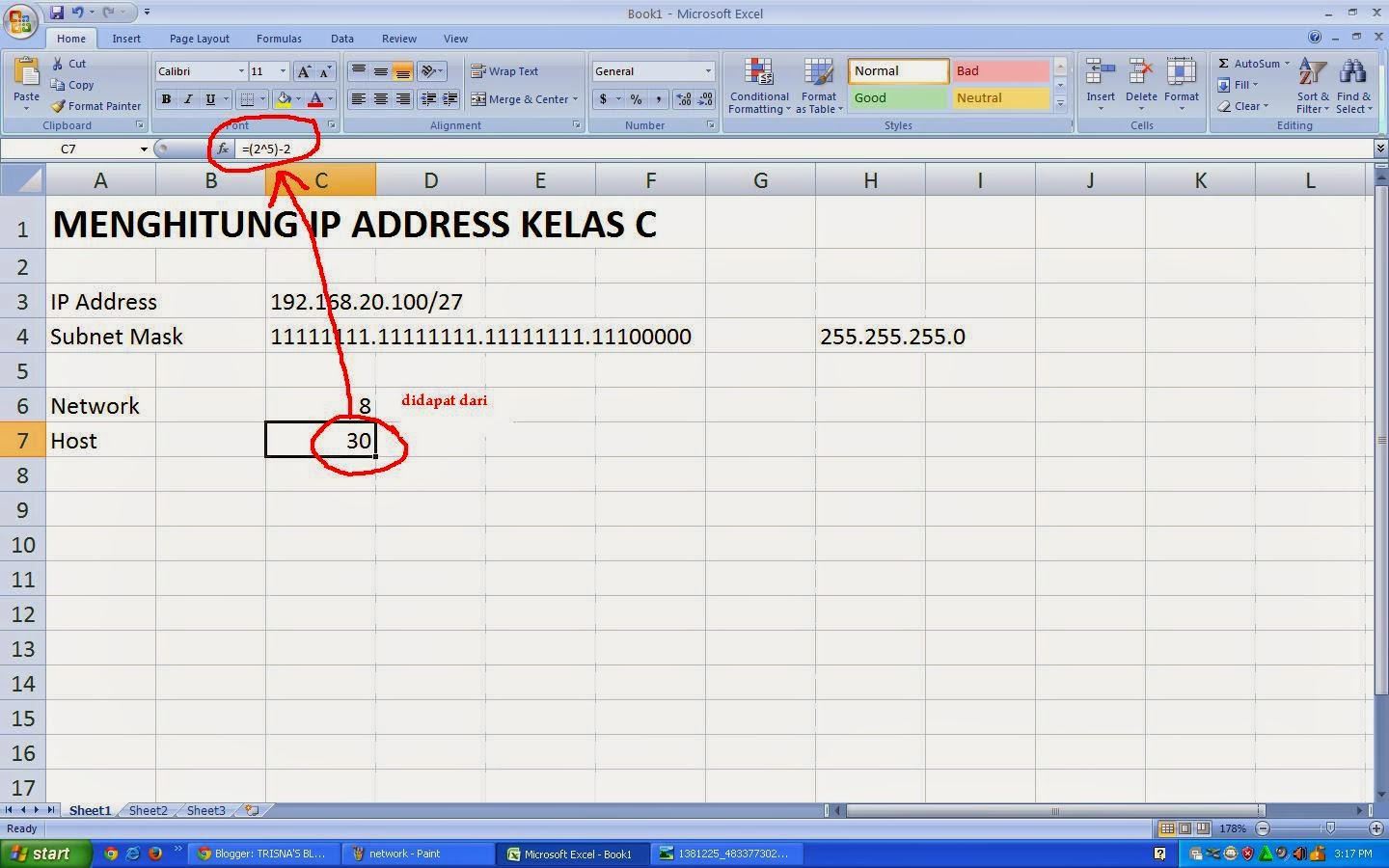 TRISNA'S BLOG: MENGHITUNG IP ADDRESS KELAS C DENGAN MENGGUNAKAN MS.EXCEL