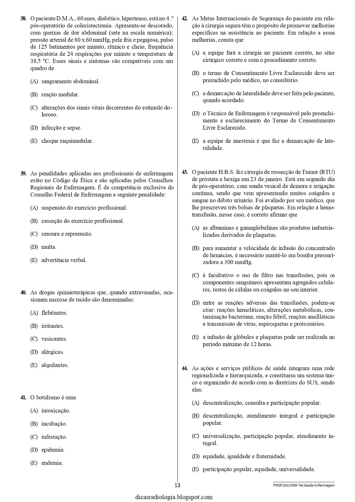 Simulado De Prova Tecnico De Enfermagem - RETOEDU Simulado De Prova Tecnico De Enfermagem - RETOEDU