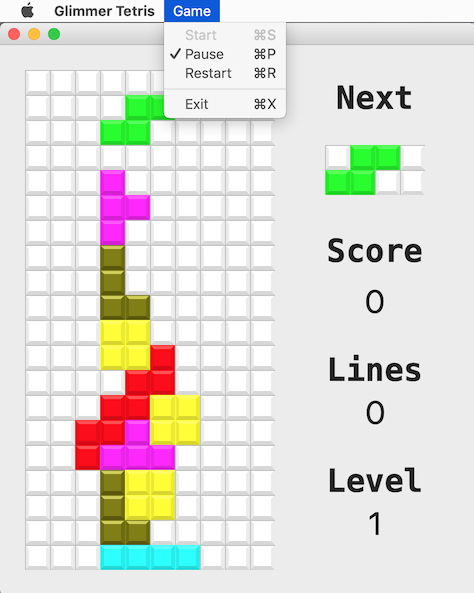 Code Master Blog: Glimmer Tetris Gets Menu Items Including Pause & Restart