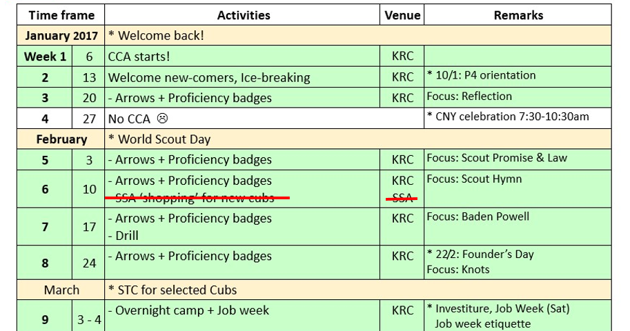 Nanyang Pegasus Cub Scout: CCA Schedules