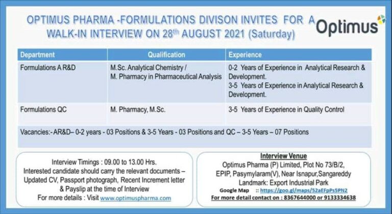 Optimus Pharma | Walk-in for AR&D and QC on 28th Aug 2021