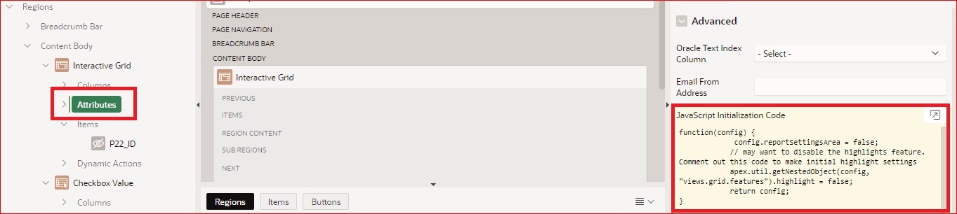 Hide Interactive Grid And Interactive Report Setting Area In Oracle Apex Javainhand Tutorial