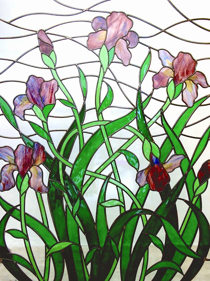 Through The Round Window: Purple Iris Stained Glass Window Commission