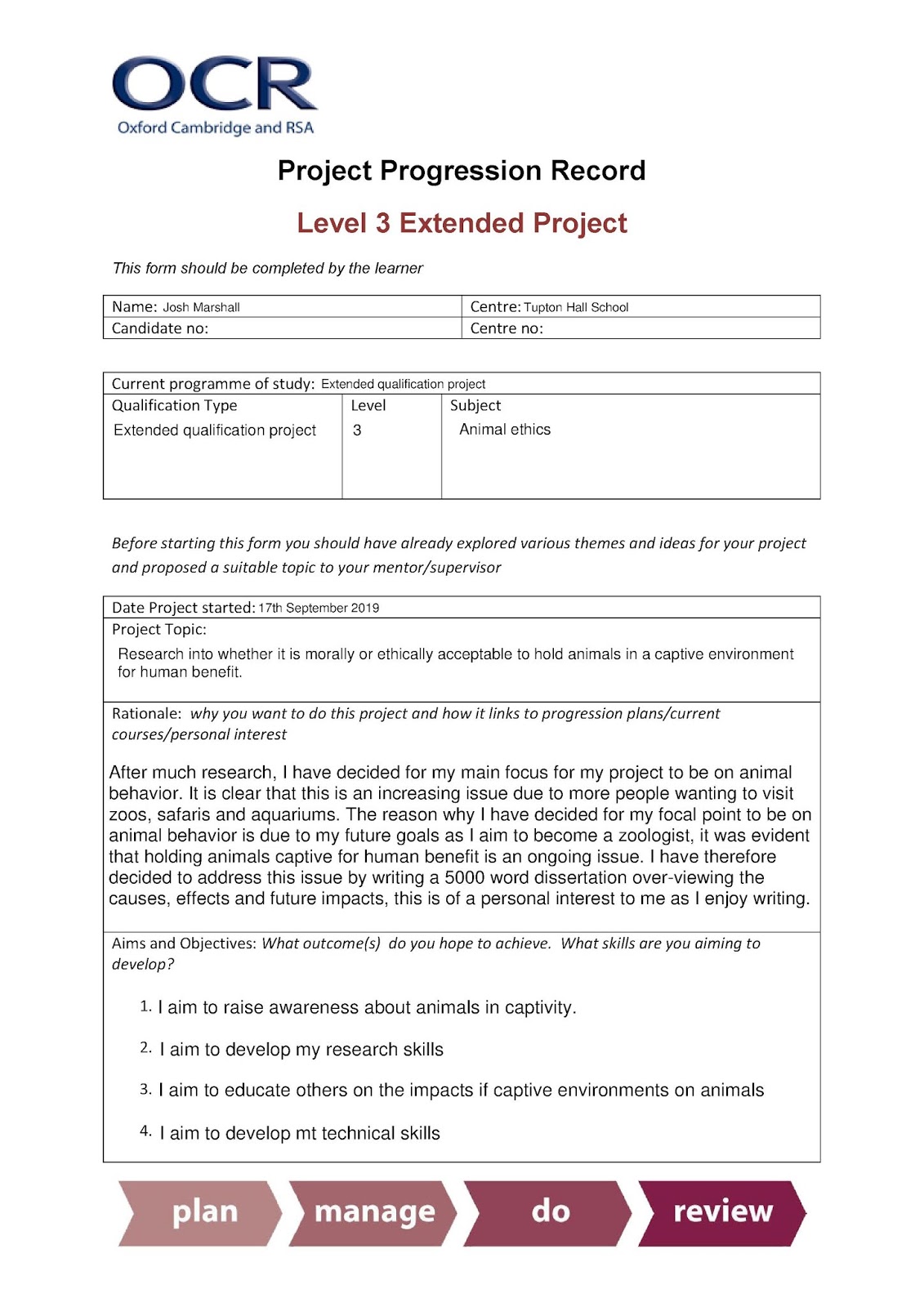 Extended Project Qualification – Initial Plan