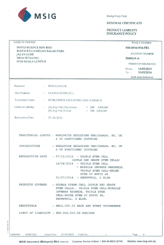 Miracle Healing With Plant Stemcells : MSIG Insurance Certificate