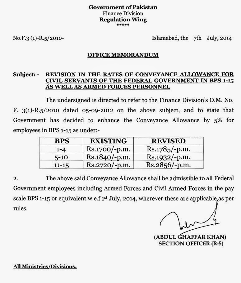 Revision in the rates of Conveyance Allowance for Civil Servants of the ...