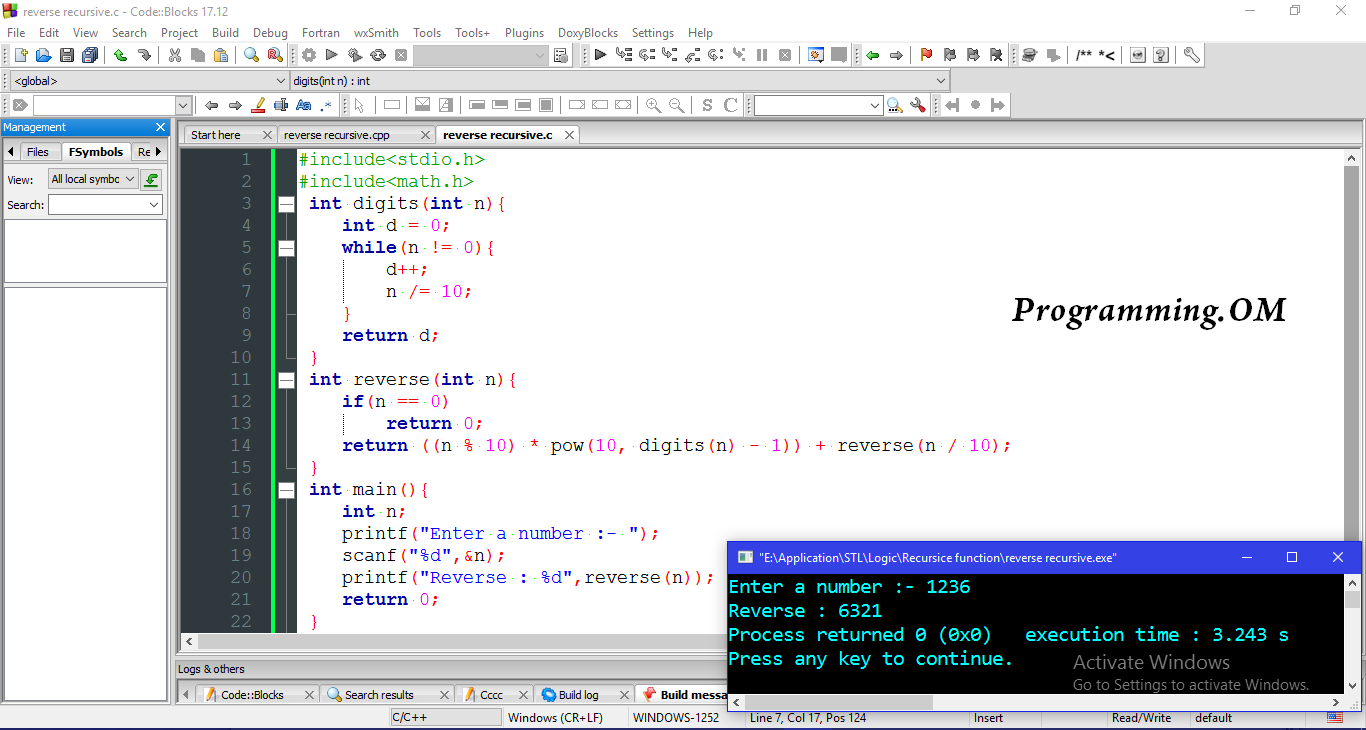 Program in C and C++ to print reverse of a given number Using recursive ...