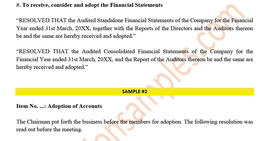 Draft AGM Resolution for Adoption/ Approval of Annual Accounts