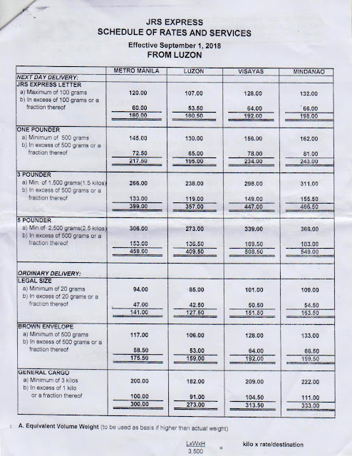 JRS Express Rates from Luzon