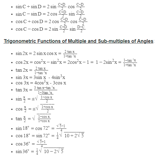 Trigonometry Formulas for Class 11