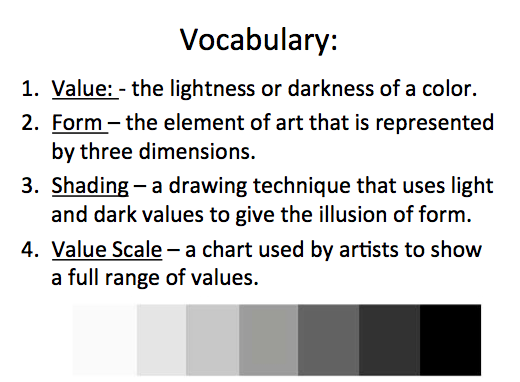 Ms. Guiles Art Class!: Art 1 and 2: Value/Shading Vocabulary