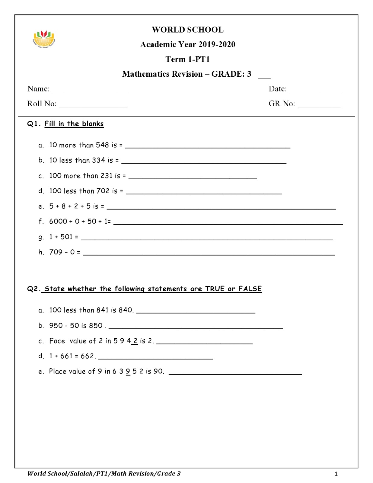 Birla World School Oman: Revision Worksheet for Grade 3 as on 03-10-2019