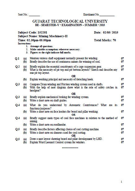 152201 Mining Machinery-II GTU B.E V Semester 2015 Question Paper ...