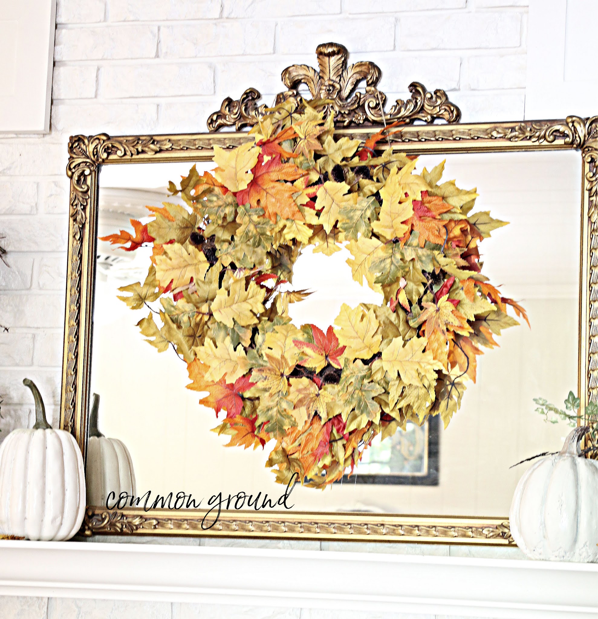common ground : Fall Leaf Wreath on the Mantel