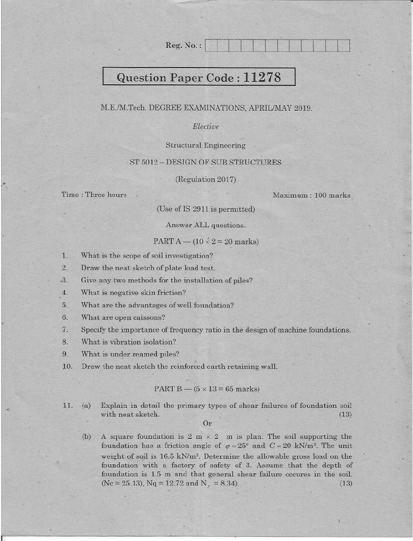 Anna University ST 5012-Design Of Sub Structures APRIL MAY 2019 ...