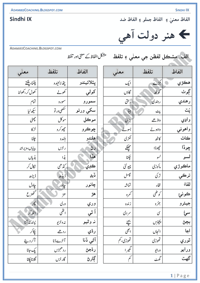 Adamjee Coaching: Hunar Dolat Hai - Words Meanings and Idioms - Sindhi ...