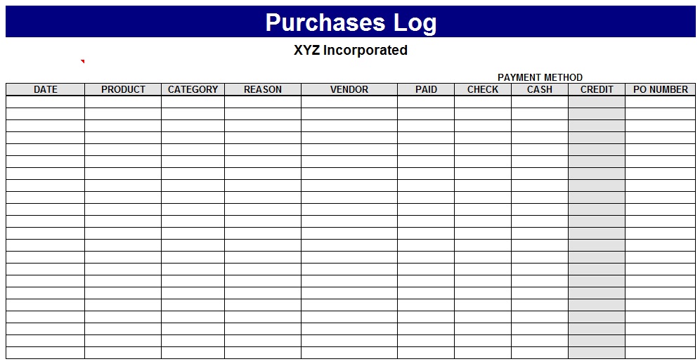 Business Purchases Log ~ Template Sample