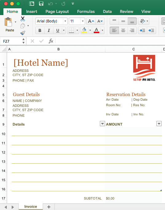Hotel Room Bill Format In Word - Invoice Template