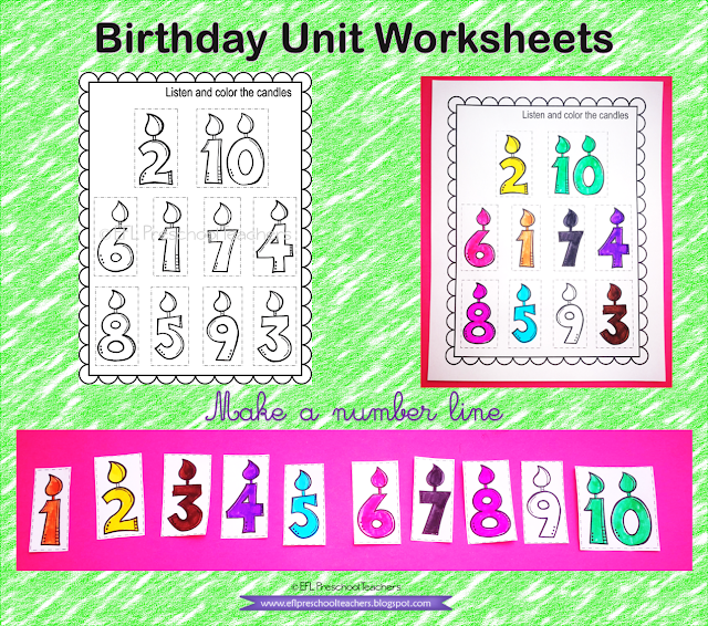 ESL/EFL Preschool Teachers: Birthday Unit Worksheets for Kindergarten ELL