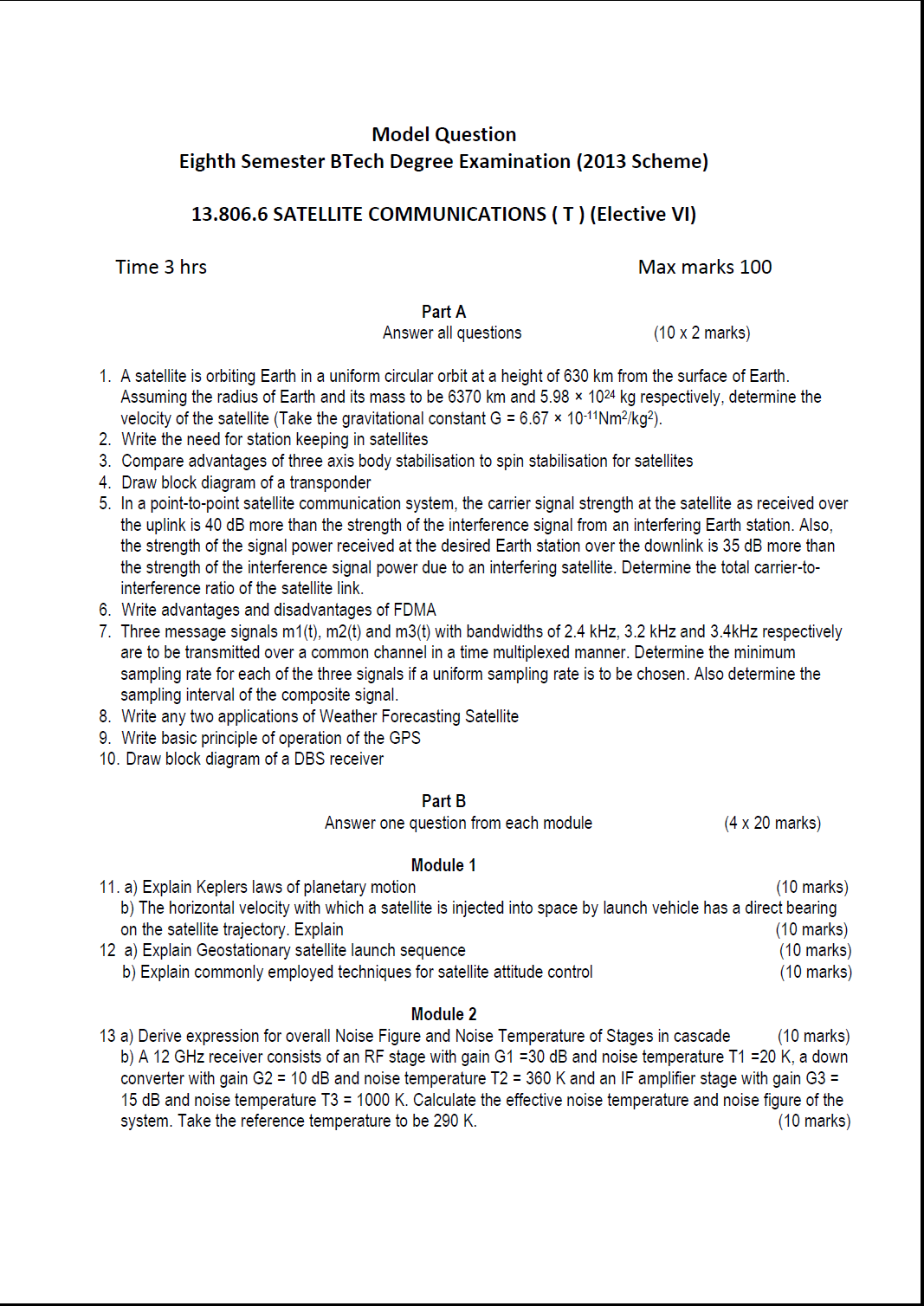 Kerala University Btech Satellite Communications T 2016 Question Paper University Question